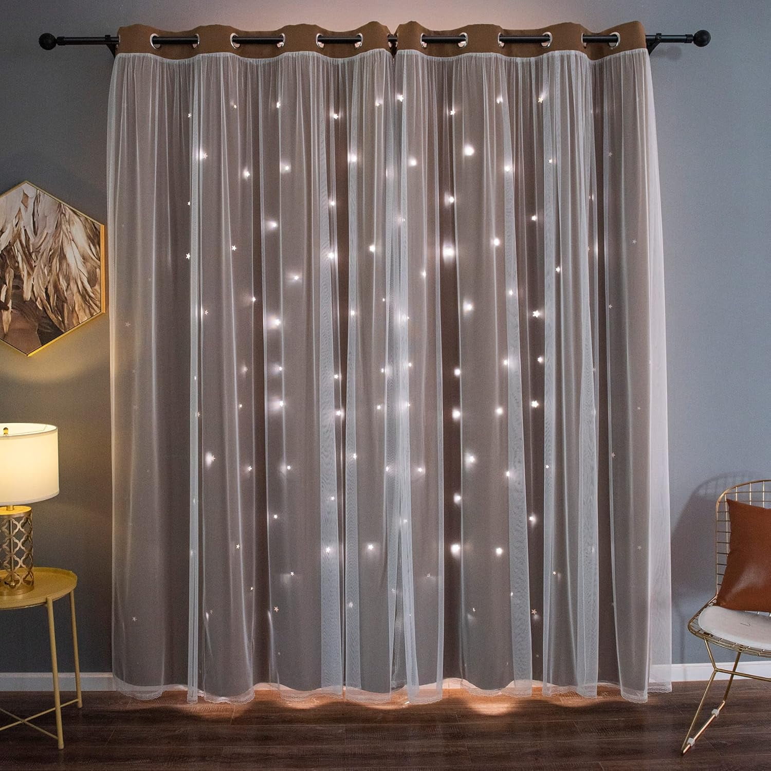 Star Cutout Blackout Curtains Double Layer Curtains with Durable Sheer ...