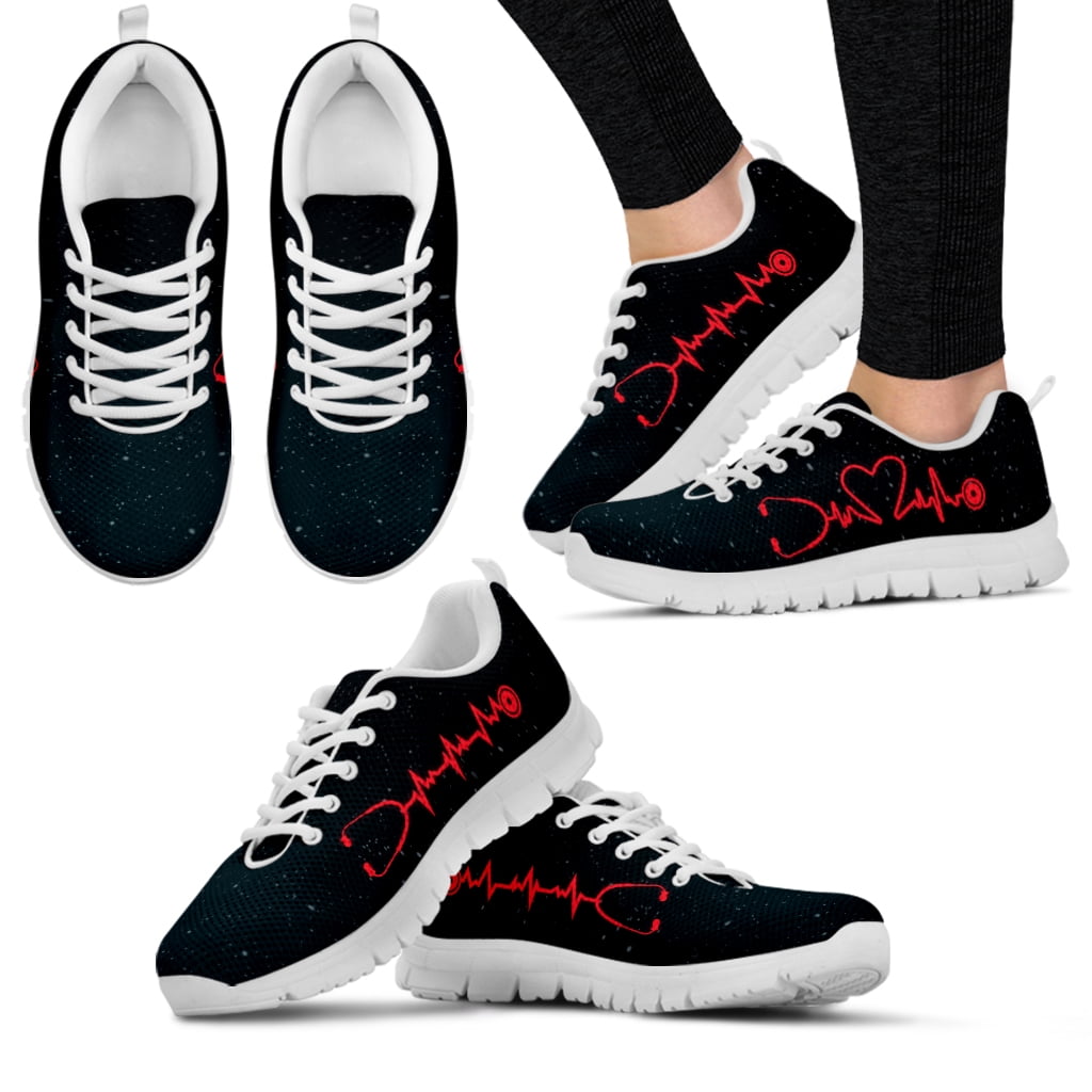 Star Design Black Soft Sole Women's Nursing Shoes Red EKG Print ...