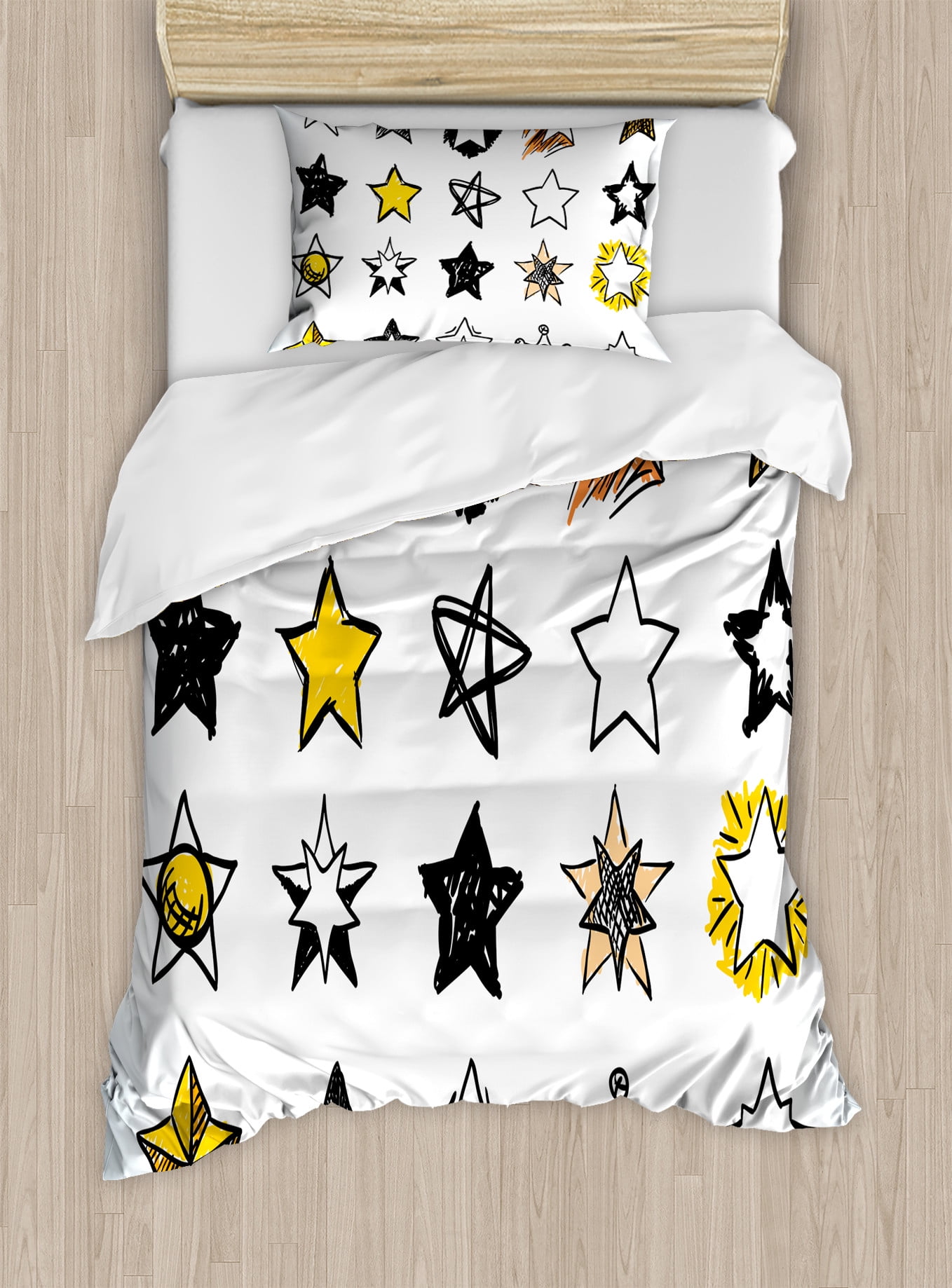 Star Duvet Cover Set, 16 Stars Hand Drawn Style Colorful Art Rock Punk ...