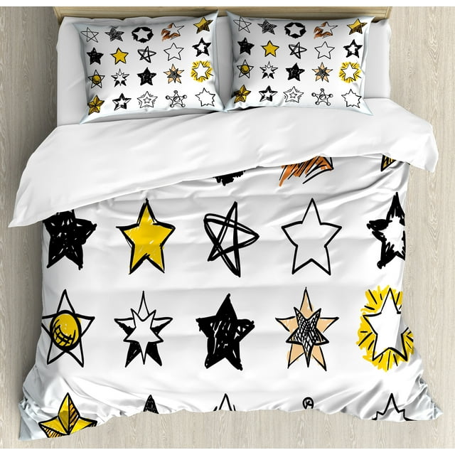 Star Duvet Cover Set, 16 Stars Hand Drawn Style Colorful Art Rock Punk ...