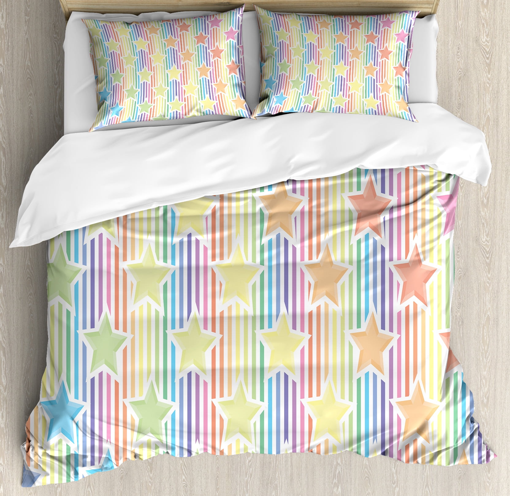 Star Duvet Cover Set, Rainbow Stars on Colorful Striped Pattern Art ...