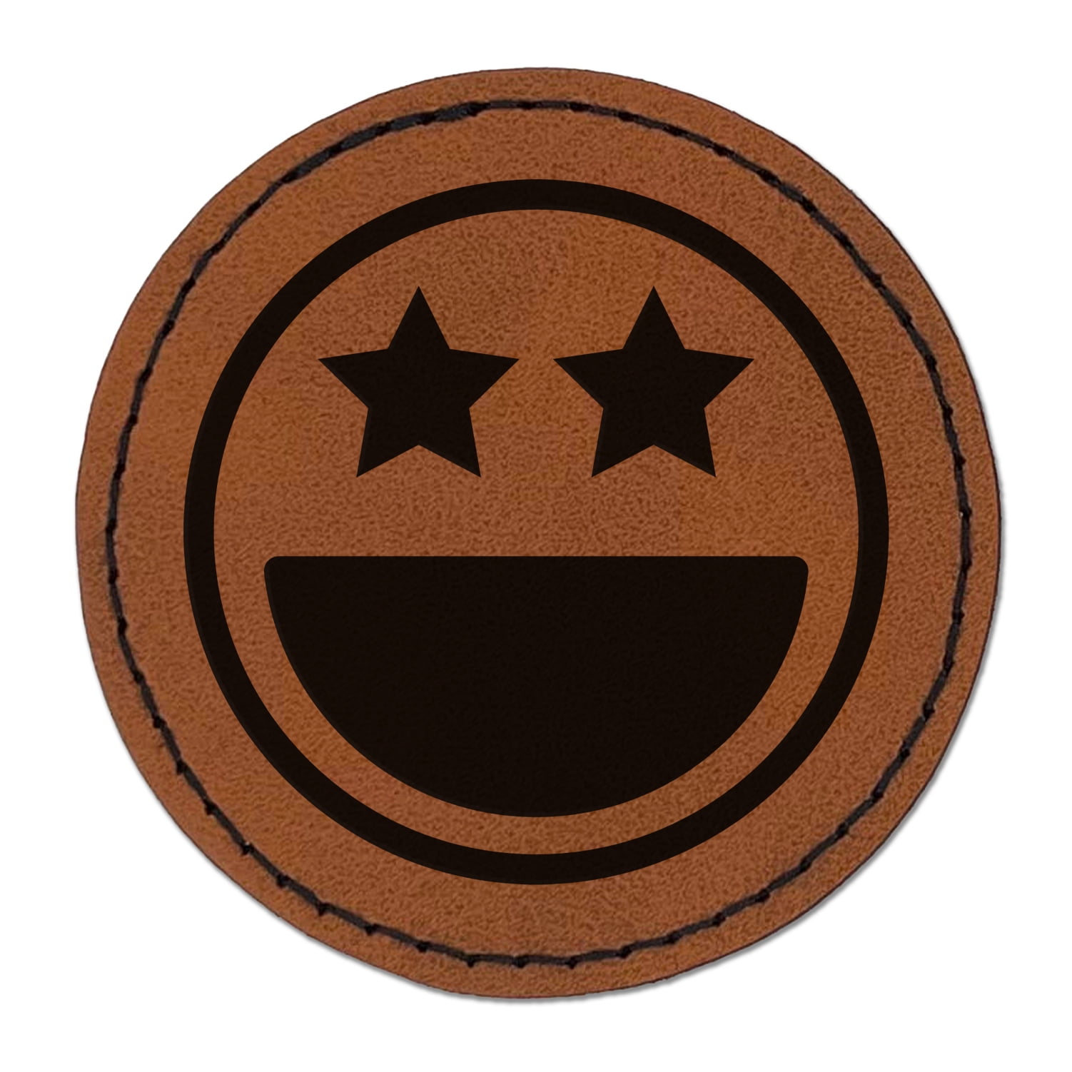 Star Eyes Happy Face Big Smile Mouth Emoticon 2.5" Faux Leather Round ...
