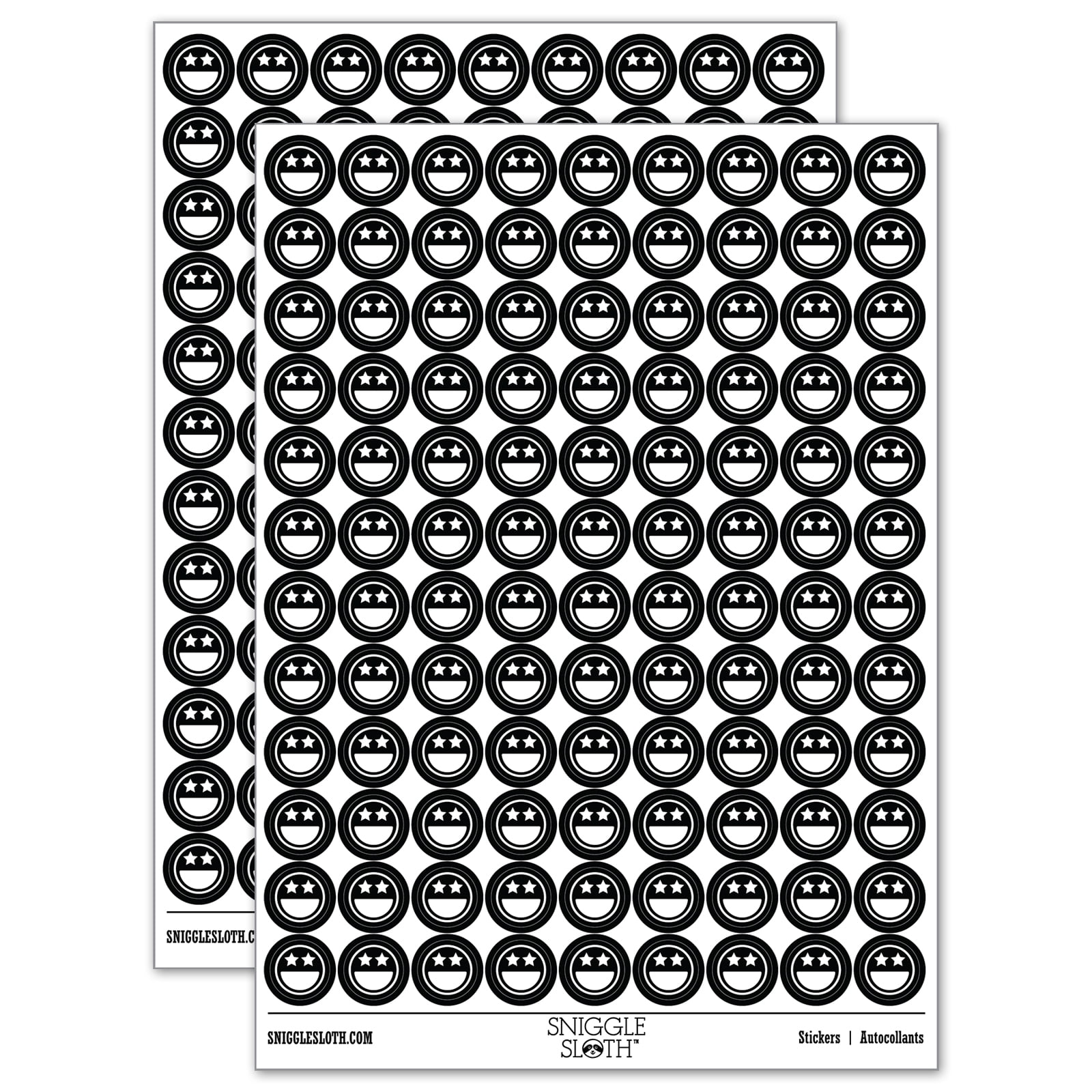 Star Eyes Happy Face Big Smile Mouth Emoticon Round Sticker Set - Black ...