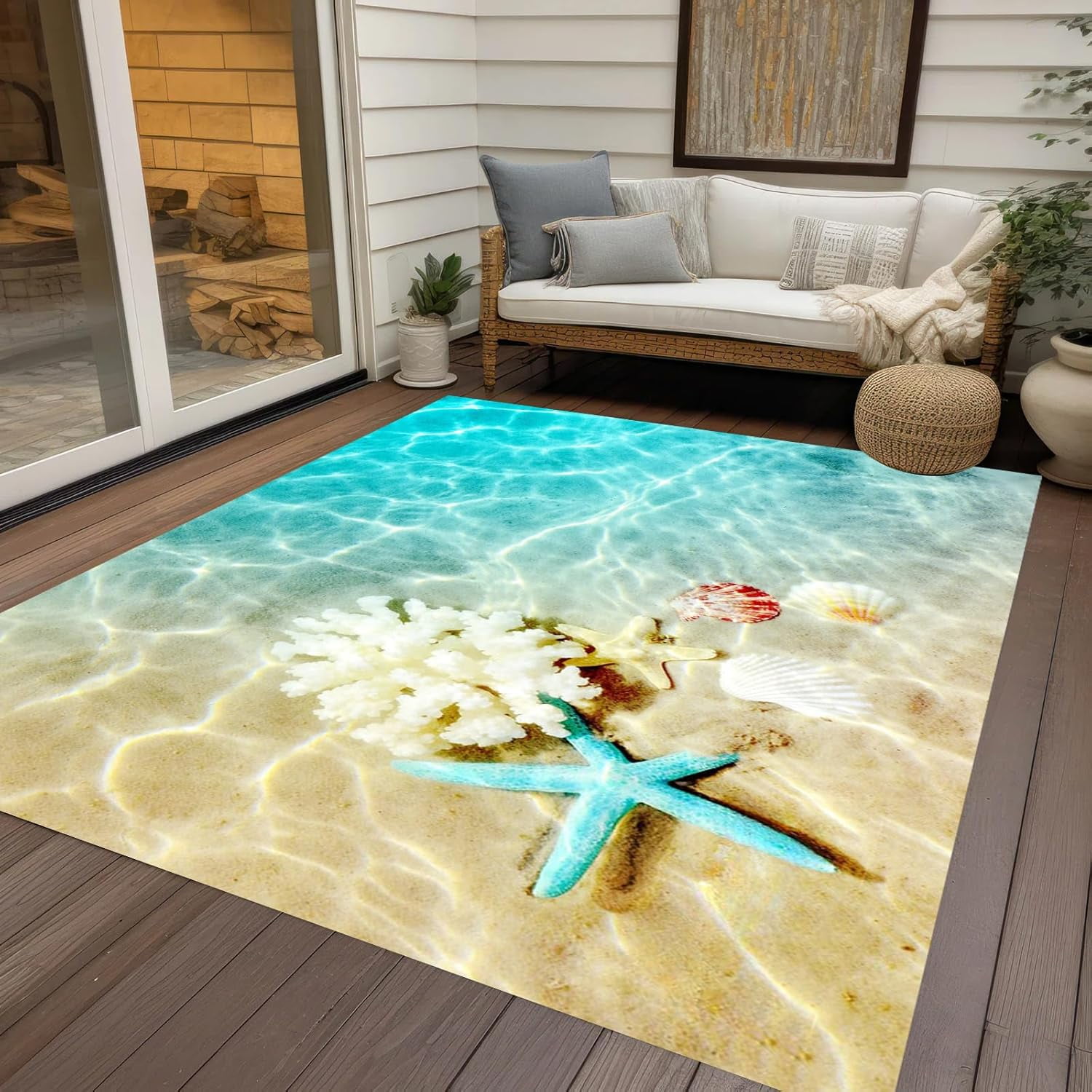 Star Fish Shell Ocean Beach Theme Indoor Outdoor Area Rug 5x6ft Multi ...