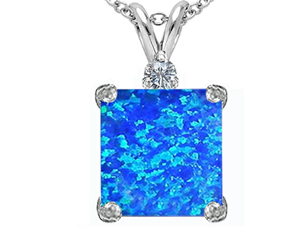 Star K Large 12mm Square Cut Blue Created Opal Pendant Necklace ...