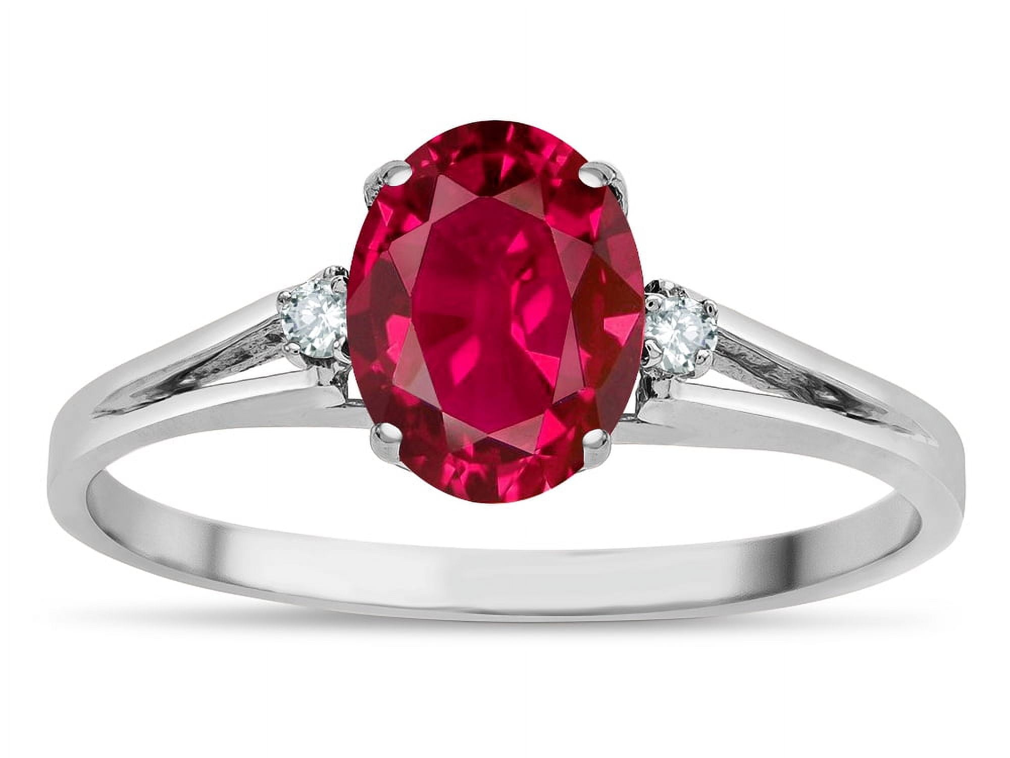 Star K Oval 8x6 Created Ruby Split Shank Three Stone Engagement Promise ...