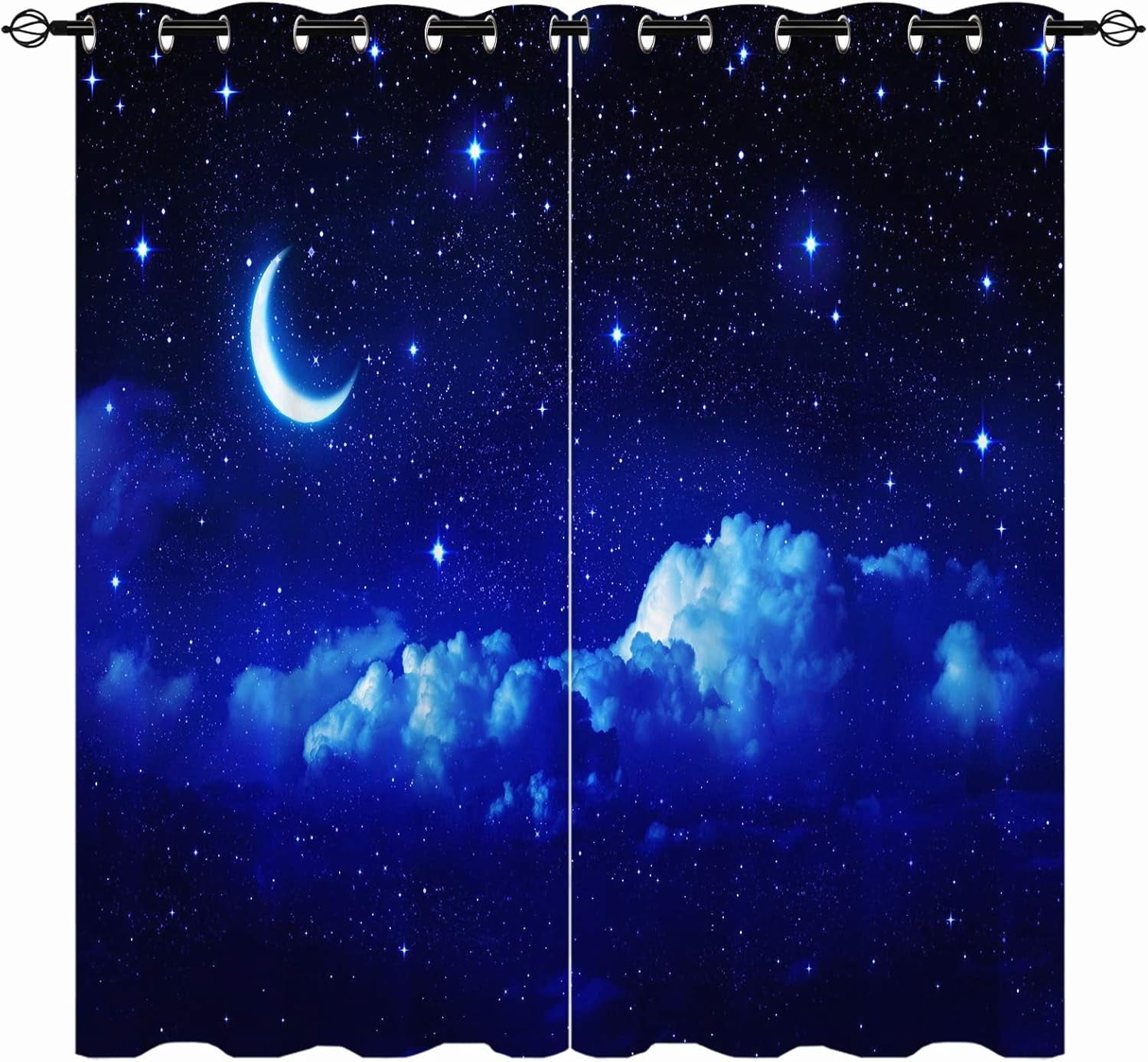 Star Moon Curtains - Summer Blue Black Night Sky Starry Dreamy Cloud ...