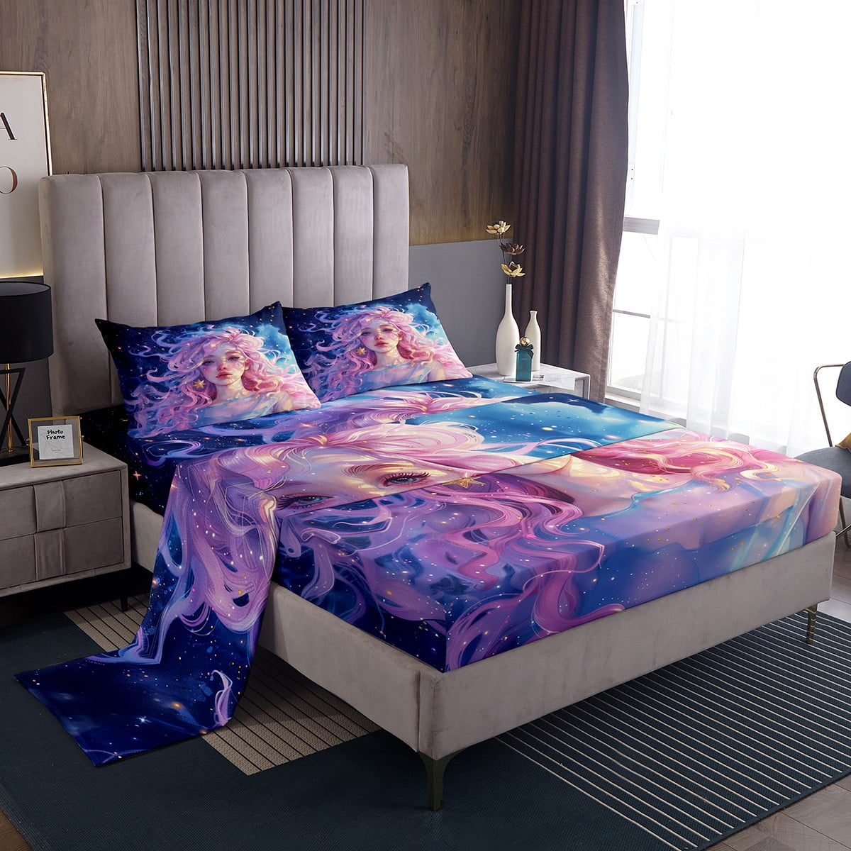 Star Moon Bed Sheets King Size,Beauty Pink Hair Bedding Set Teens Room ...