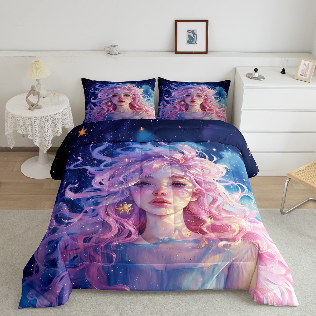 Star Moon Comforter Set Twin Size,Beauty Pink Hair Bedding Sets Teens Room Decor,Watercolor ...