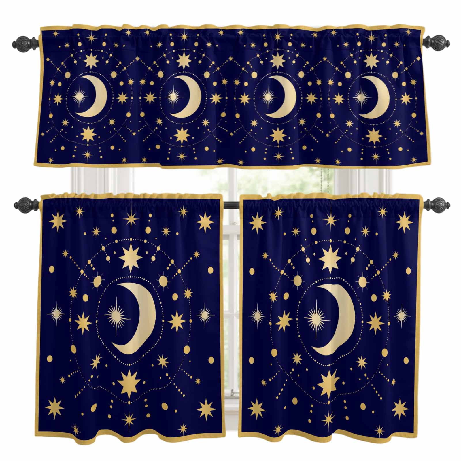 Star Moon Kitchen Curtains Set for Windows, Retro Gorgeous Gold Polka ...