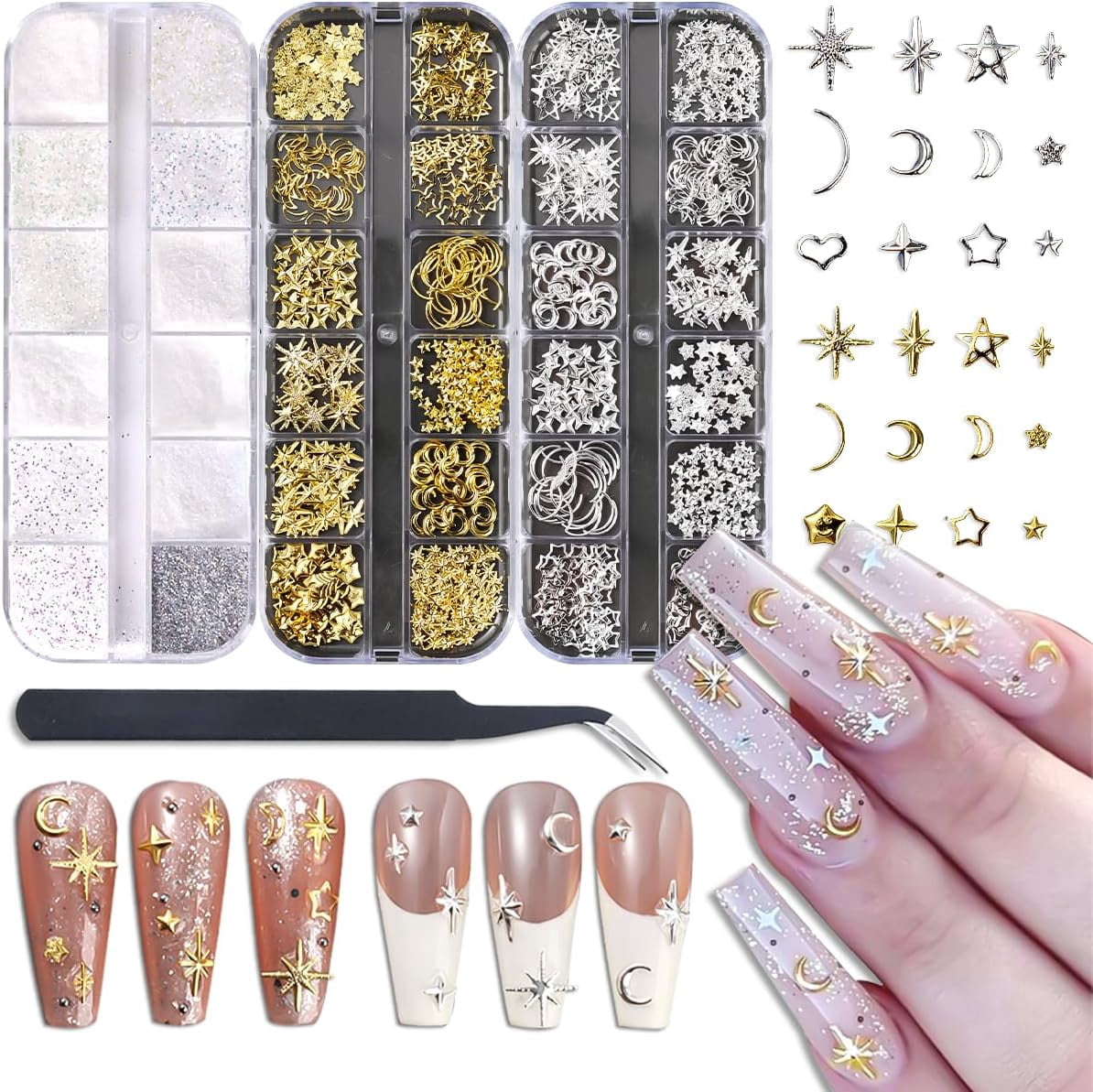 Star Moon Nail Charms for Nails Art 3D Gold Silver Starlight Cross Star ...