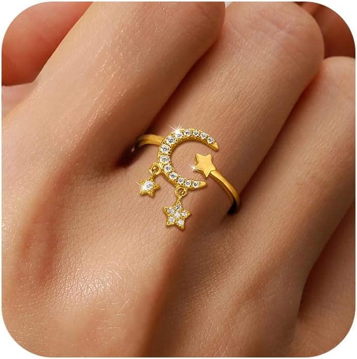 Star and Moon Rings for Women Dainty 925 Sterling Silver Crescent 14K ...