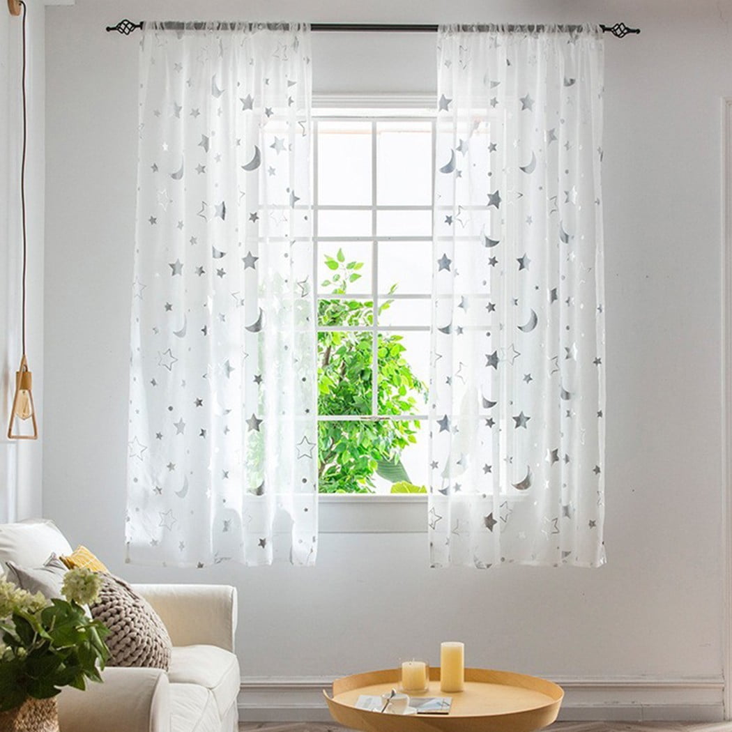 Star Moon Sheer Curtains Cute White Curtains for Kids Girls Bedroom ...