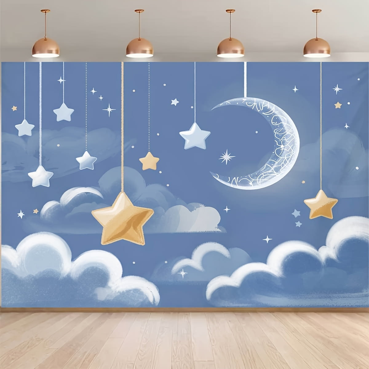 Star Night Sky Baby Shower Backdrop Golden Stars Crescent Moon Baby Shower Background Blue ...