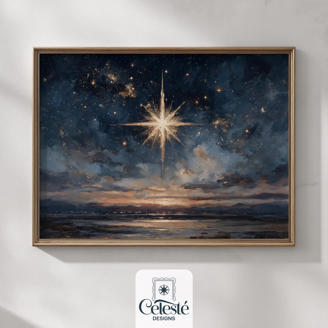 Star Of Bethlehem Winter Print, Snowy Forest, Golden Lights Poster ...