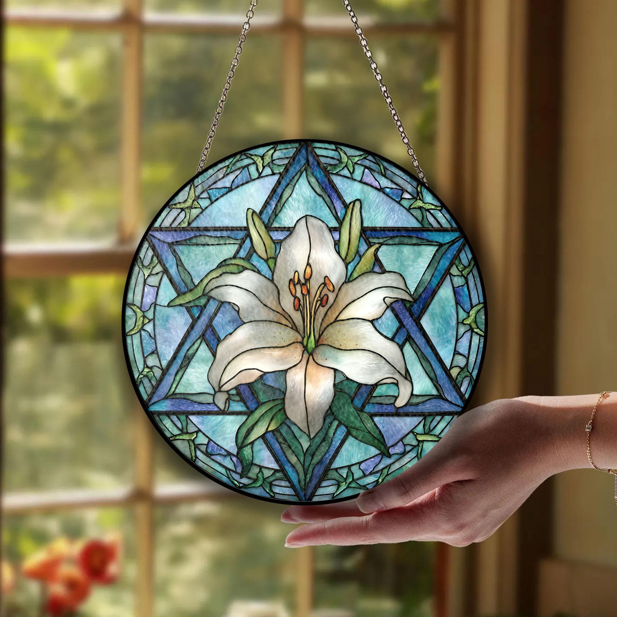Star Of David Stained Glass Suncatcher, Religious Floral Window Hanging ...