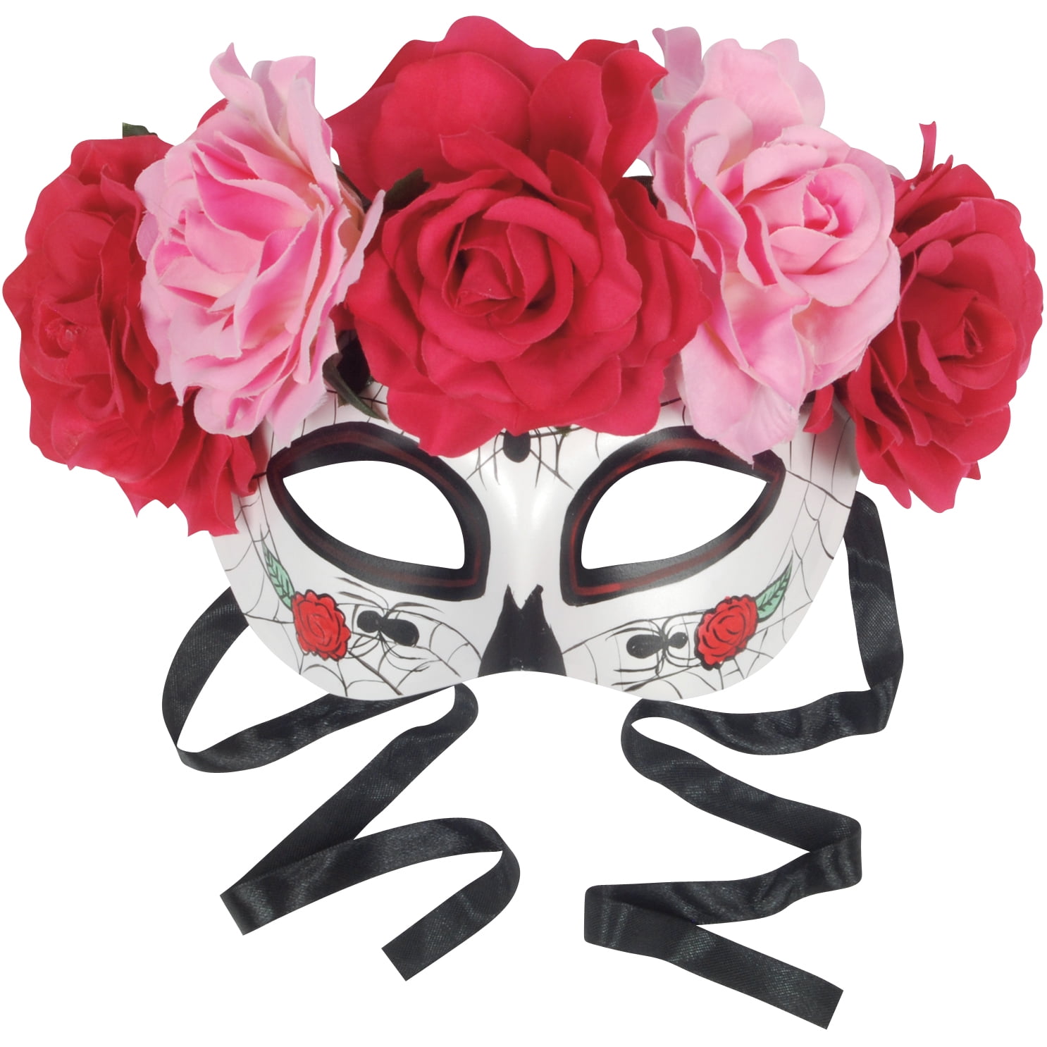 Star Power Day of the Dead Sugar Skull Half Mask w Roses, White Multi ...
