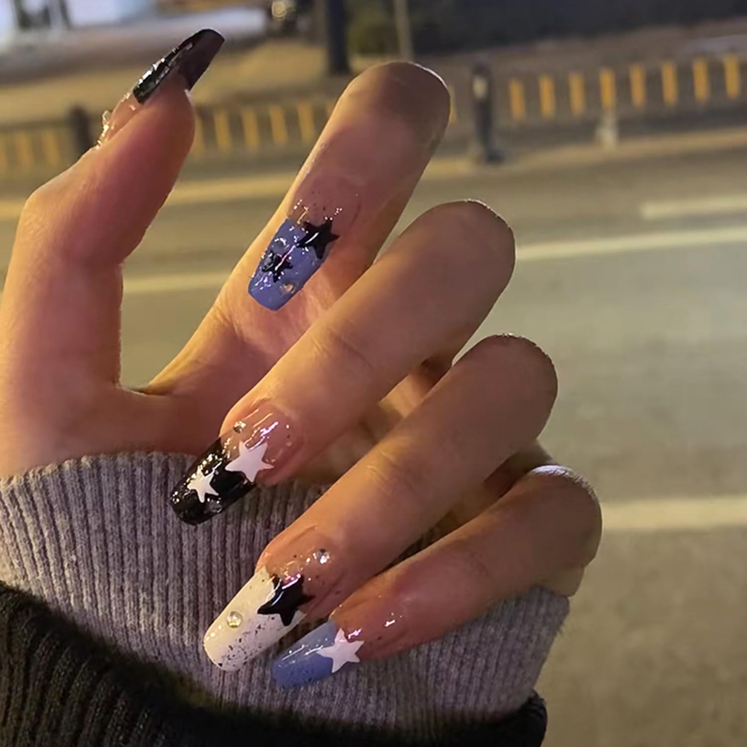 Star Press on Nails Black White Purple French Tip Fake Nails ...