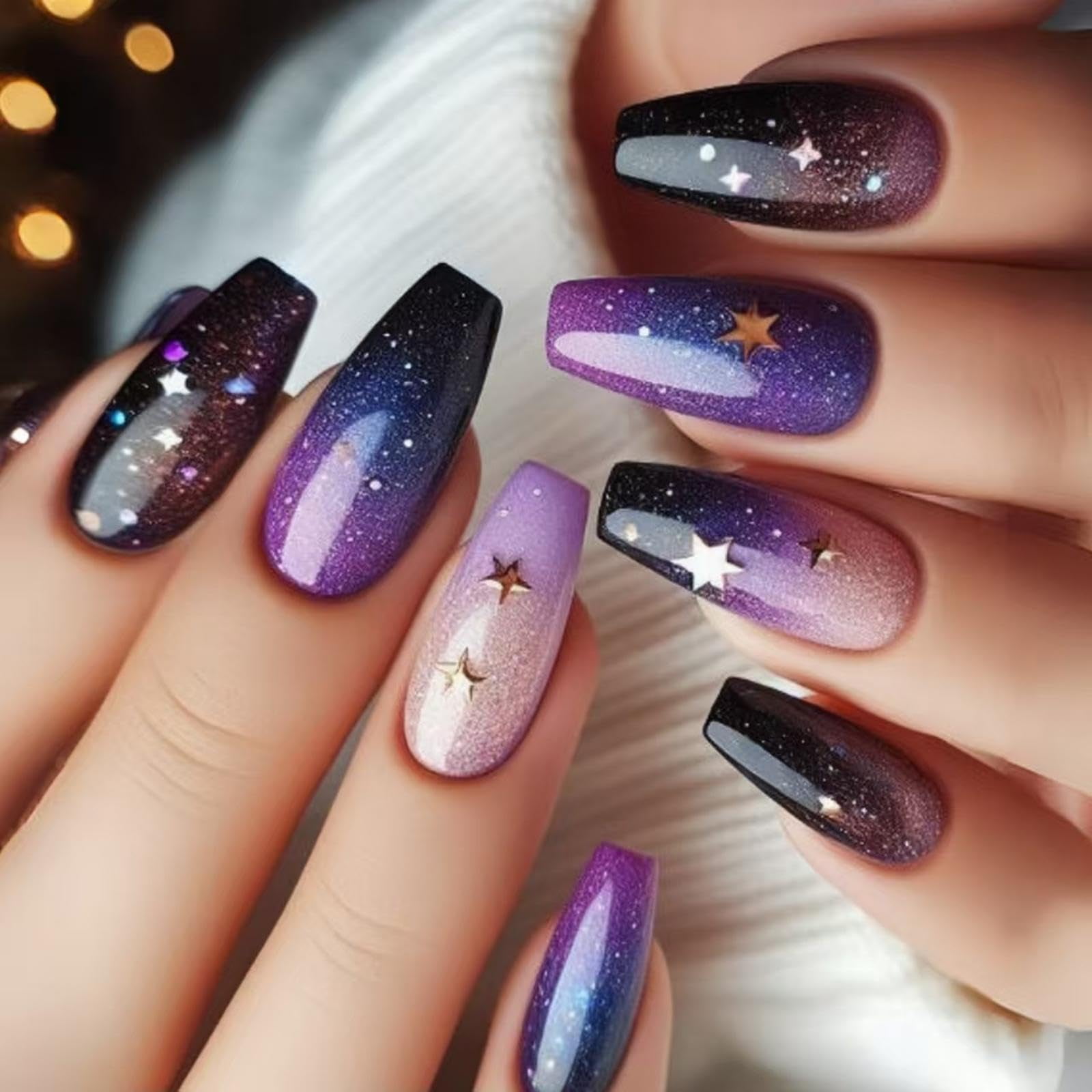 Star Press on Nails MMF7 Purple Black Fake Nails Medium Coffin False ...