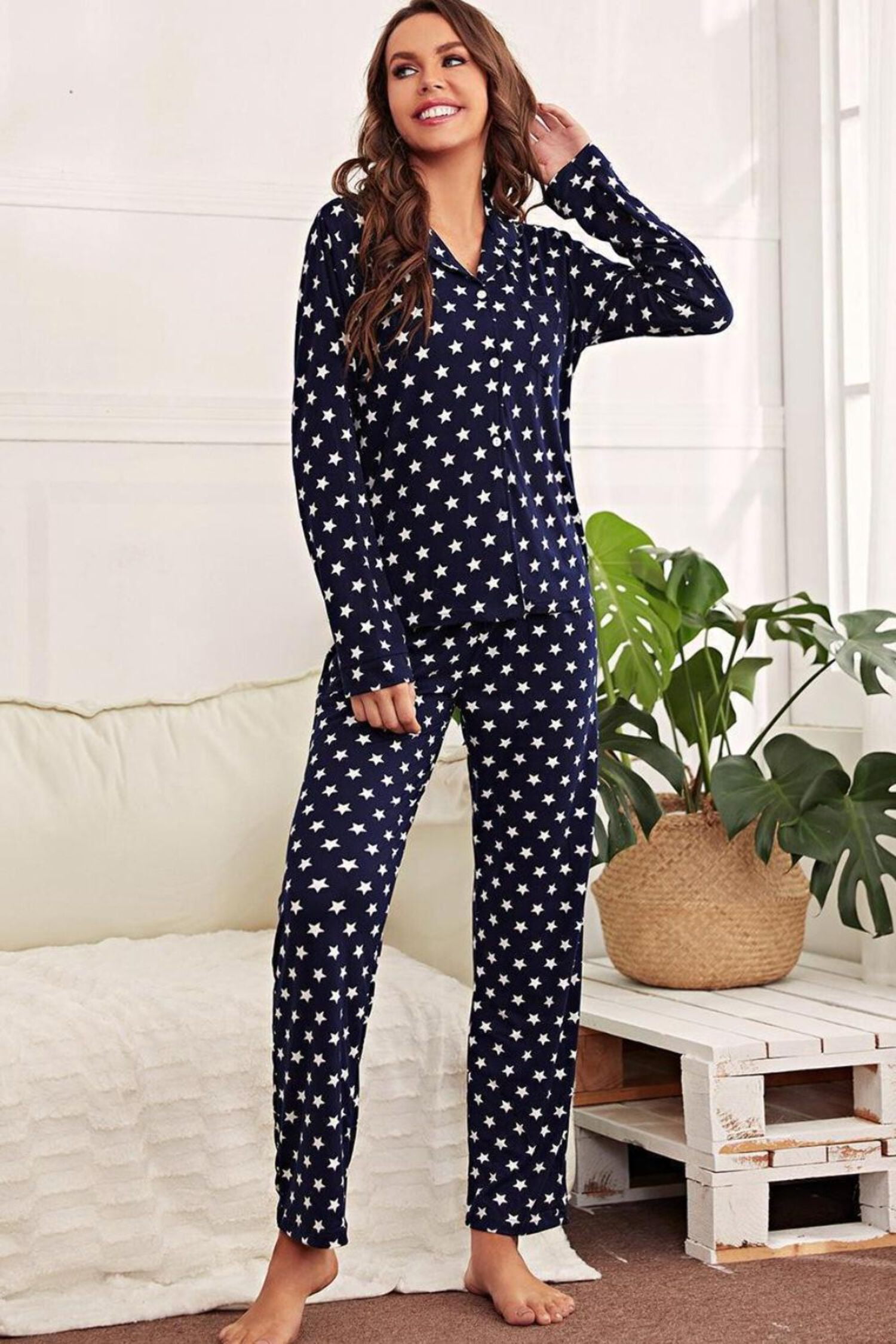Star Print Button-Up Shirt and Pants Lounge Set - Walmart.com