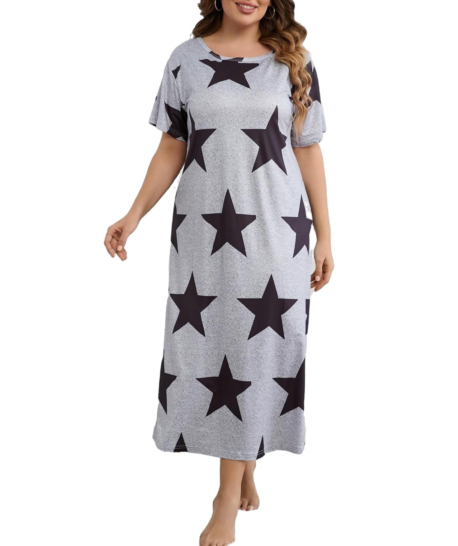 Star Print Round Neck Sleepshirts Short Sleeve Multicolor Plus Size ...