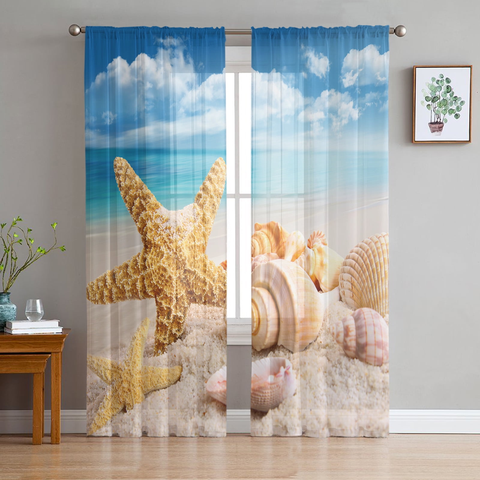 Star Shell Beach Print Sheer Window Panel Curtains Room for Living Room ...