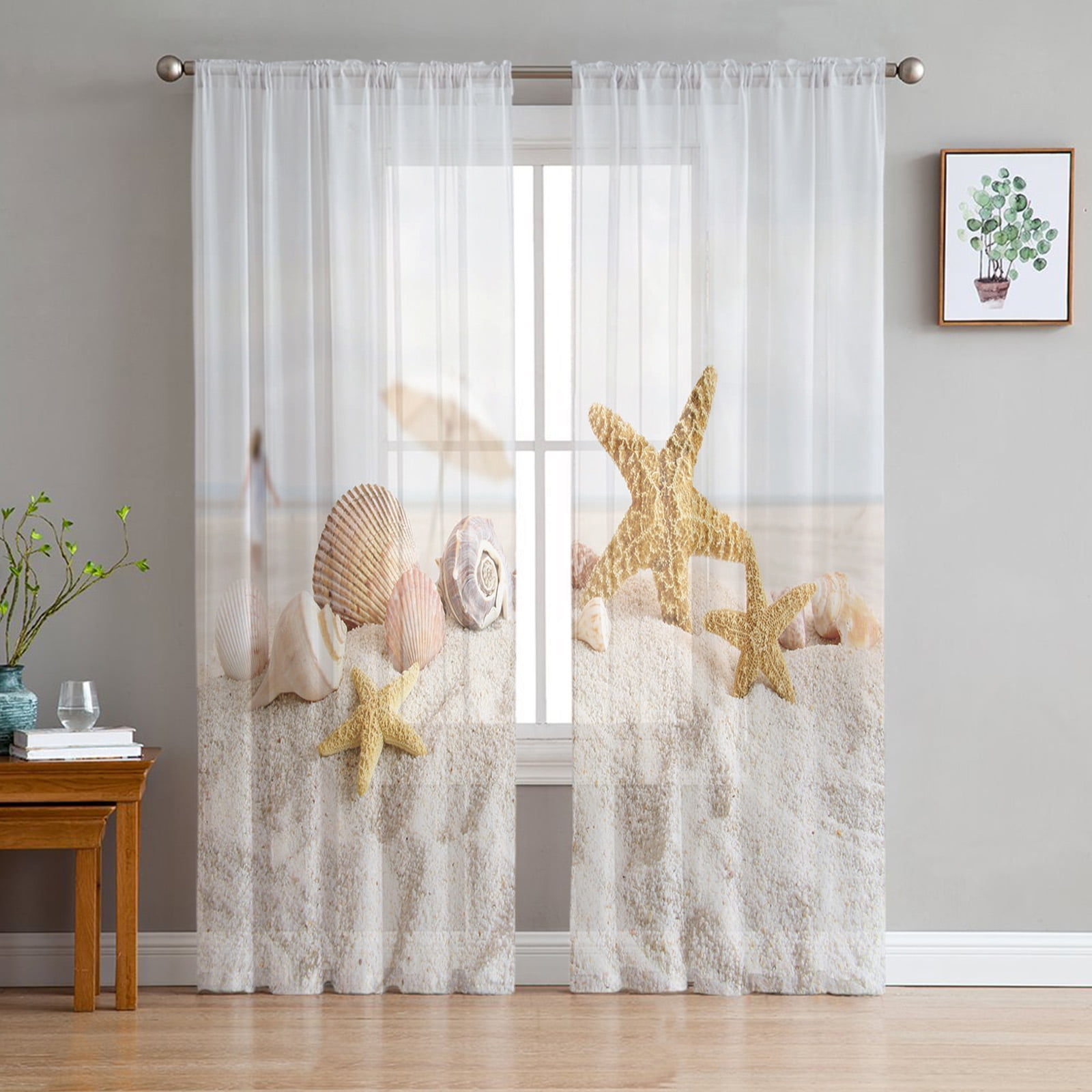 Star Shell Beach Print Sheer Window Panel Curtains Room for Living Room ...