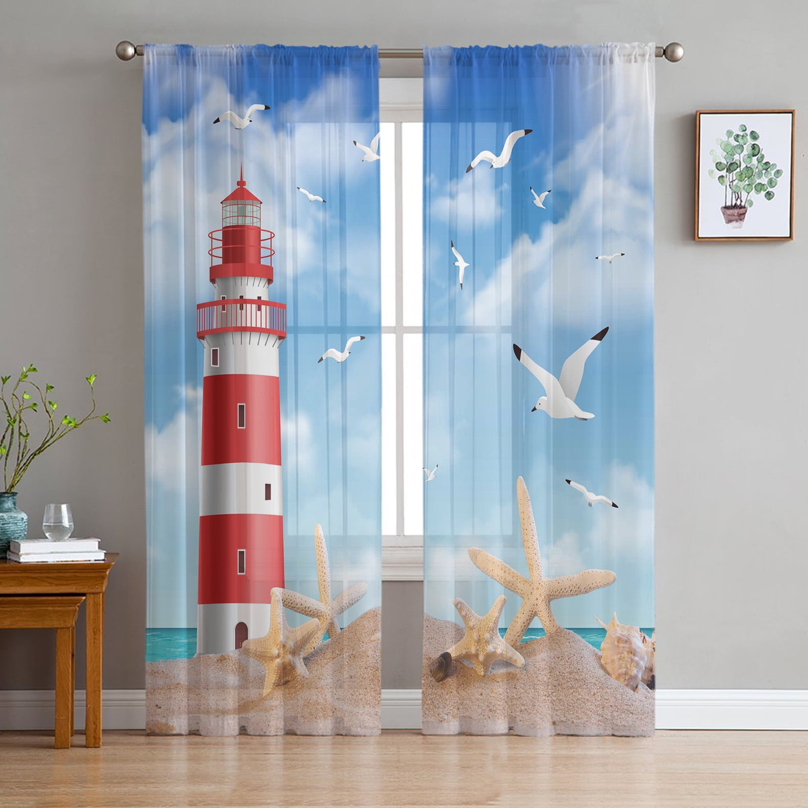 Star Shell Beach Print Sheer Window Panel Curtains Room for Living Room ...