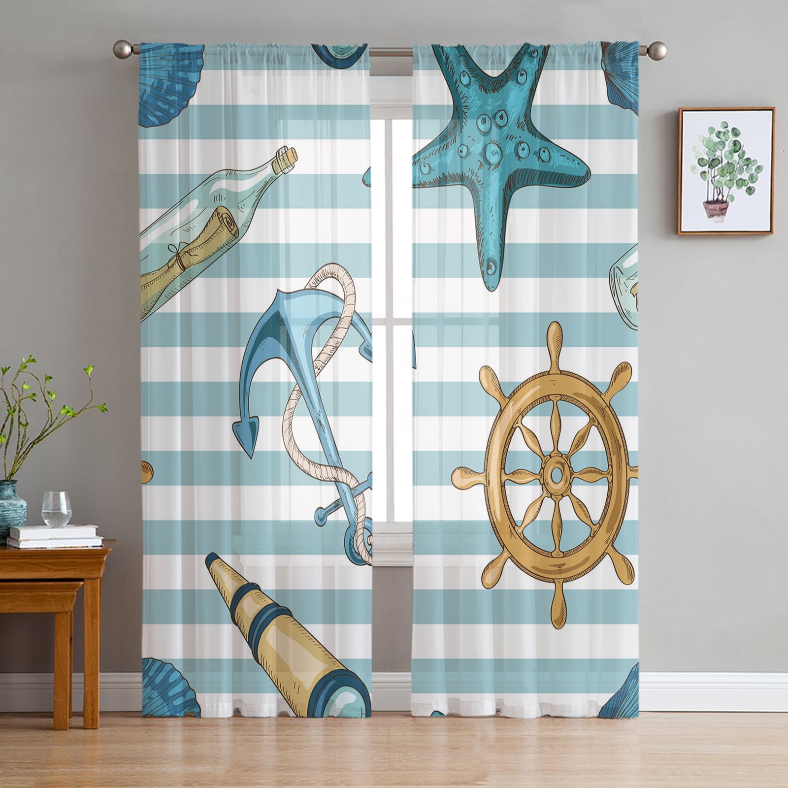 Star Shell Beach Print Sheer Window Panel Curtains Room for Living Room ...