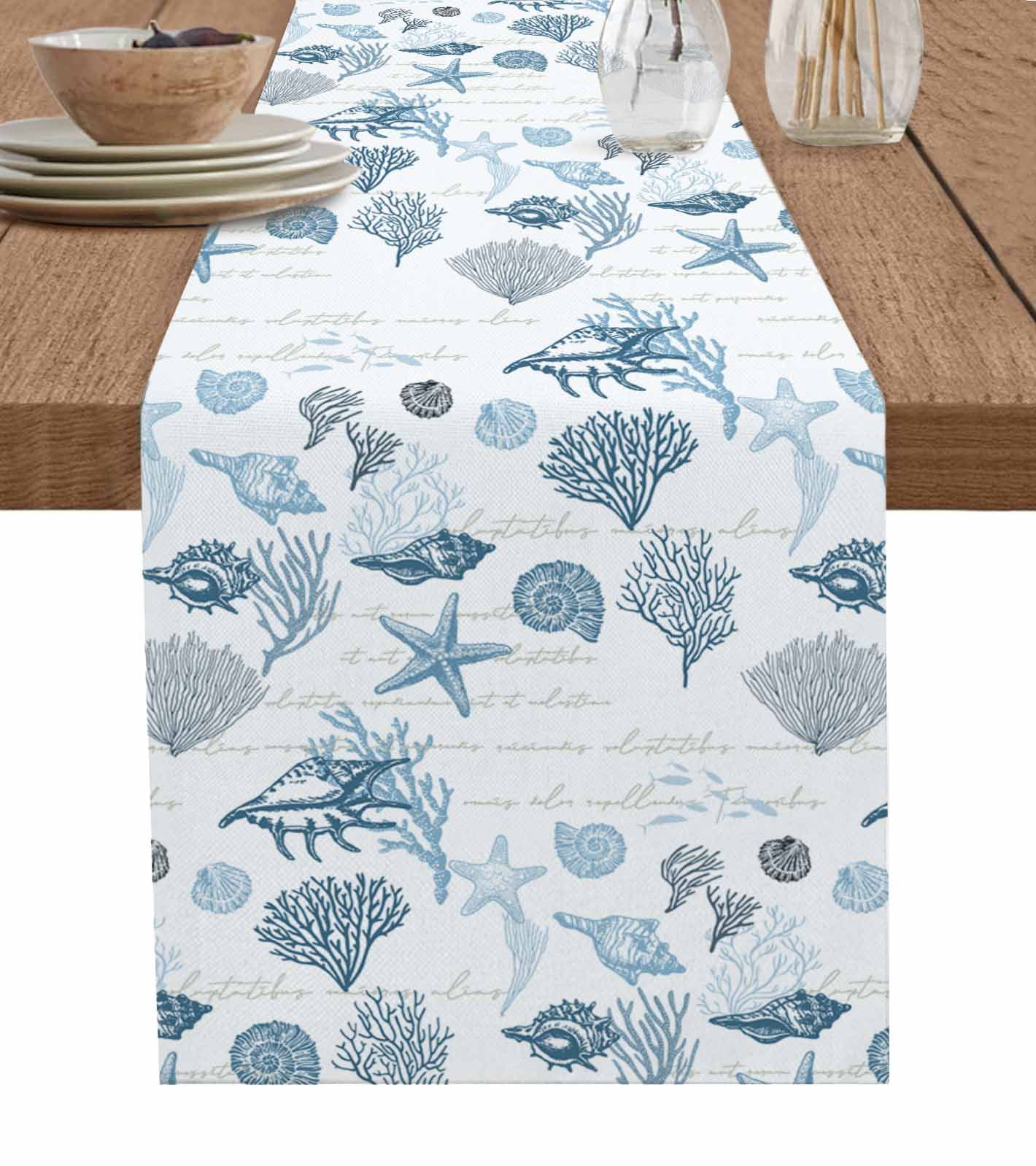 Star Shell Coral Navigation Retro Light Blue Table Runner Wedding ...
