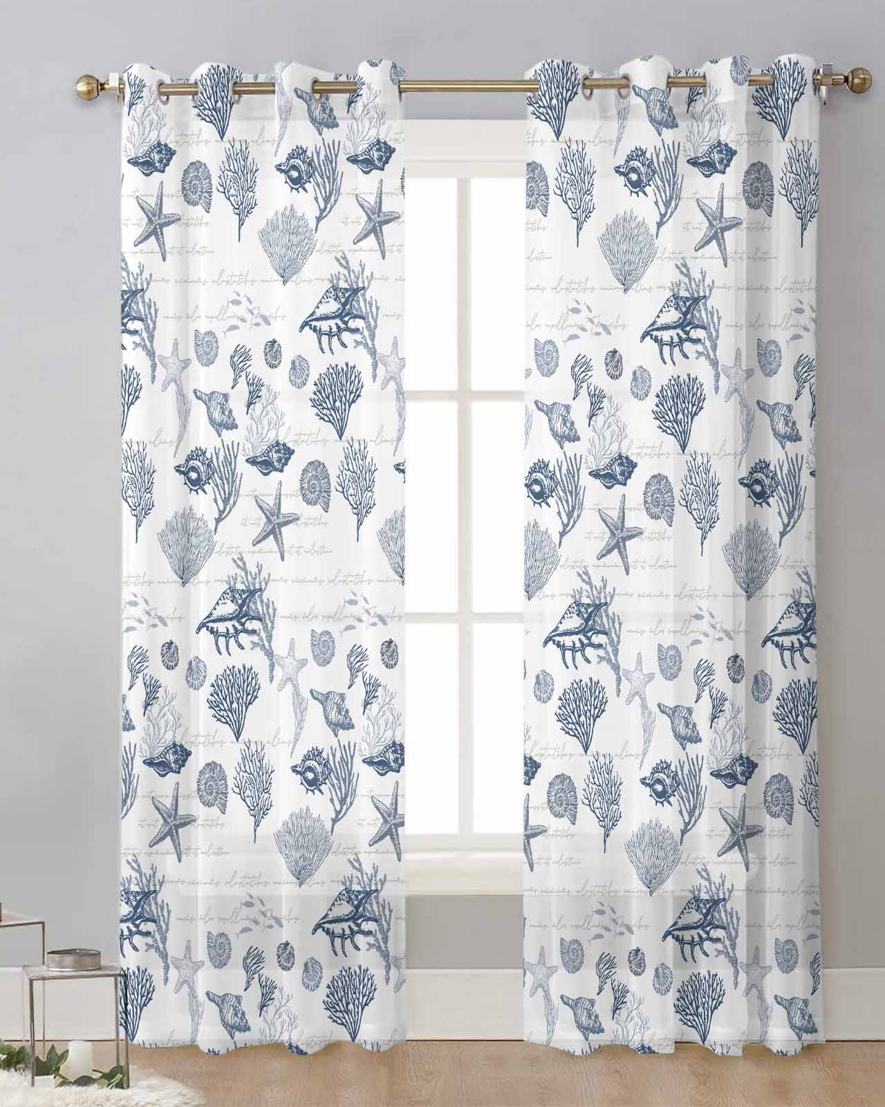 Star Shell Navigation Vintage Navy Blue Bedroom Voile Curtain Window ...