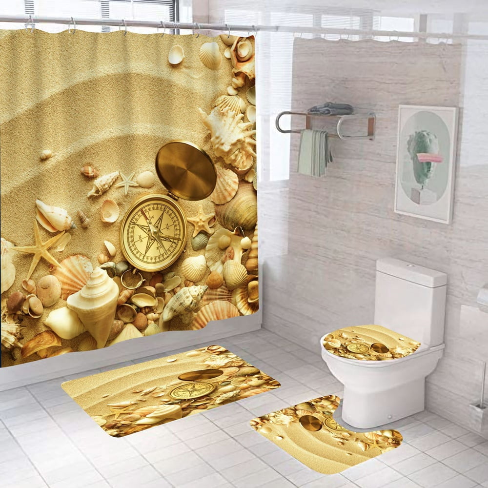 Star Shower Curtain Set Beach Seashell Coastal Conch Sea Wave Rock ...