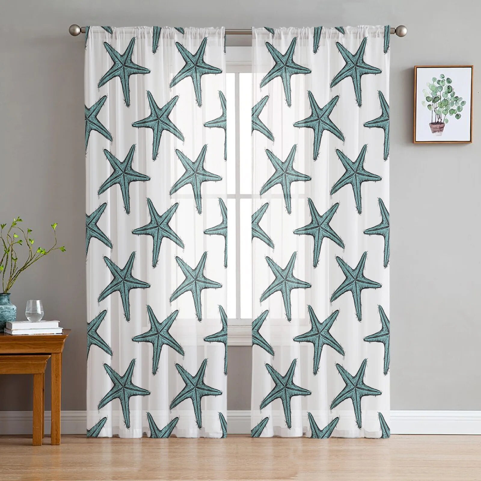 Star Texture Aqua In Summer Bedroom Transparent Sheer Curtains Holiday ...