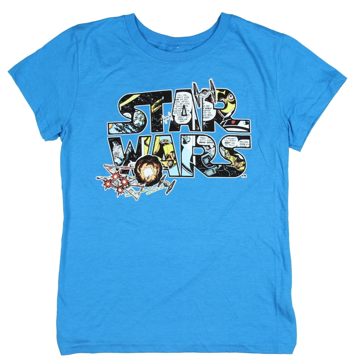 Star Wars Girls' Comic Script C-3PO R2-DS Tie Fighter Blue T-Shirt ...