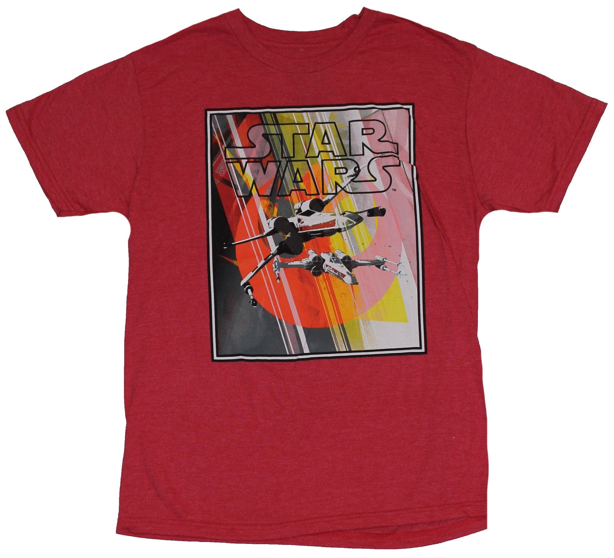 Star Wars Mens T-Shirt - X-Wings Flying Over Red Yellow Republic Image ...