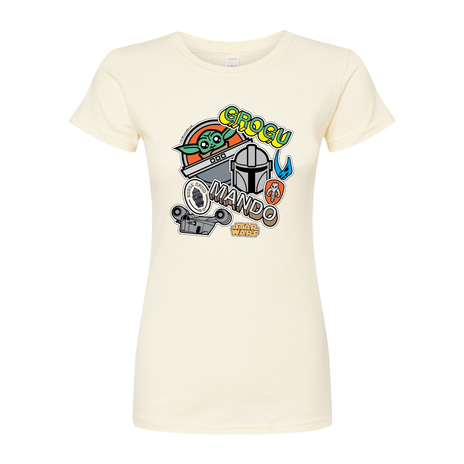 Star Wars - The Mandalorian Mando Grogu Stickers - Juniors Fitted Short ...