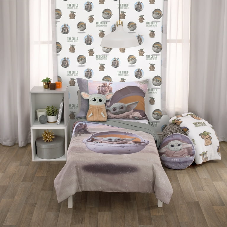 Star Wars The Mandalorian The Child Tan Green Gren 4 Piece Toddler Bedding Set comforter fitted sheet flat sheet pillowcase Boy Toddler Bed Size Walmart