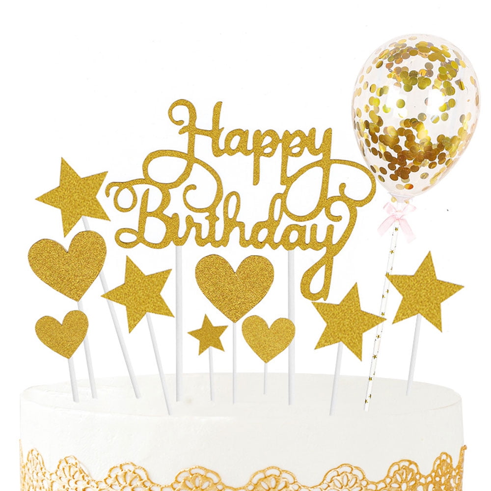 Star and Heart Cake Topper, Happy Birthday Toppers set, with Confetti ...