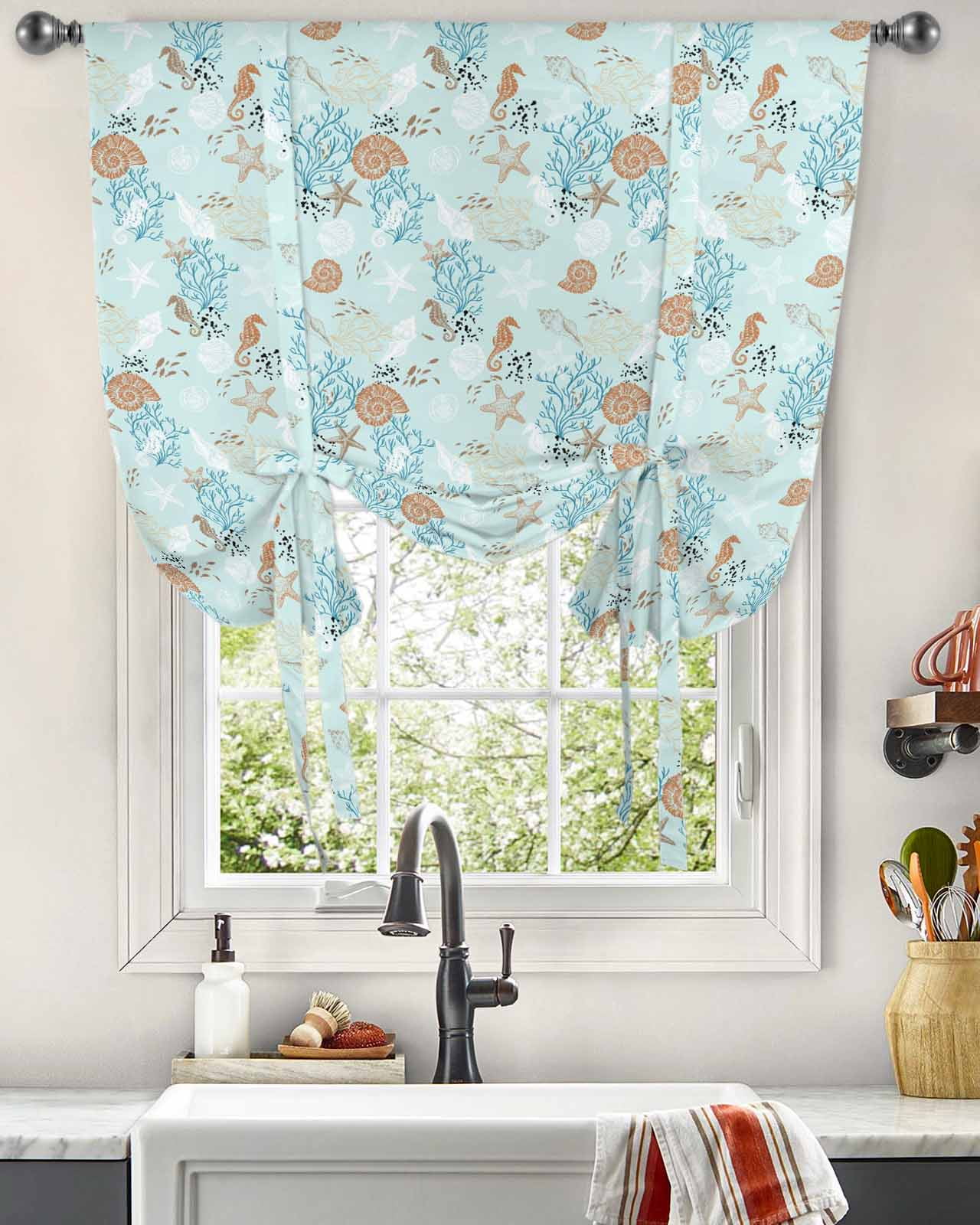 StarAnd Shells Coral Retro Window Curtains Tie Up Curtains for Kitchen Living Room Adjustable ...