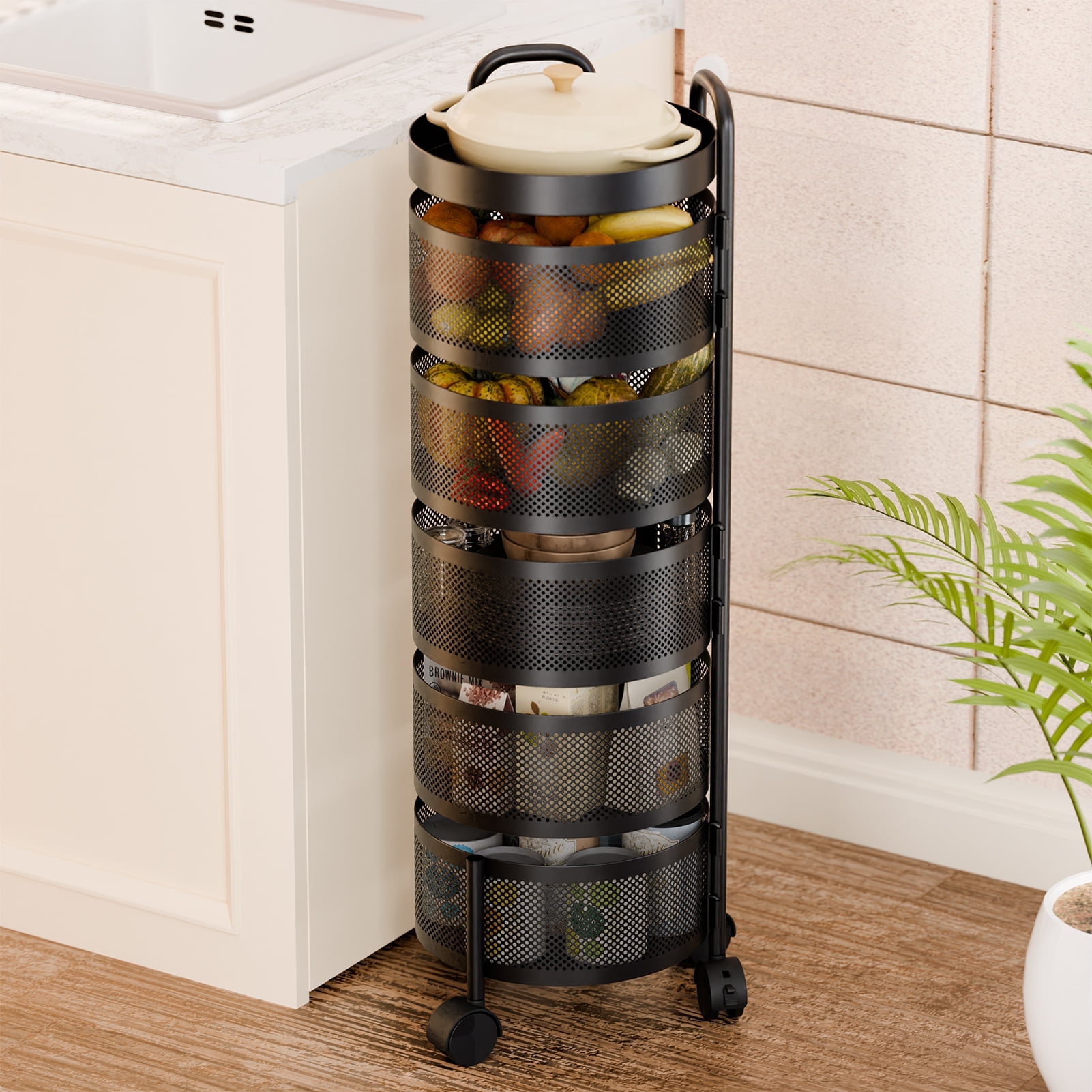 StarBay Black 5 Tier Round Kitchen Trolley Fruit Stand Storage Baskets ...