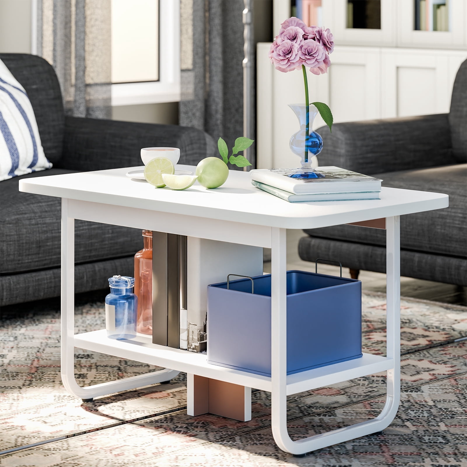 StarBay End Table Patio Table 2-Layer White Coffee Table with Storage ...
