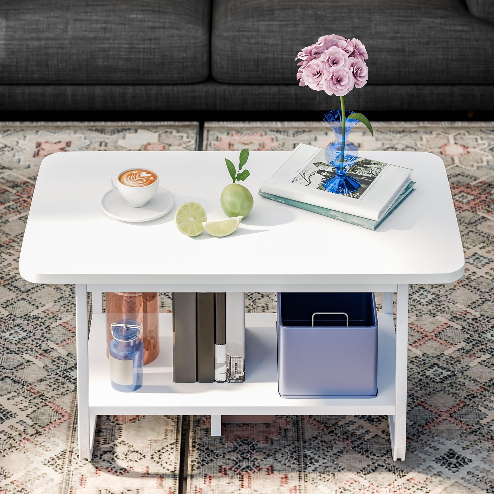StarBay White Wood Storage Coffee Table Double Layer Coffee Table with ...