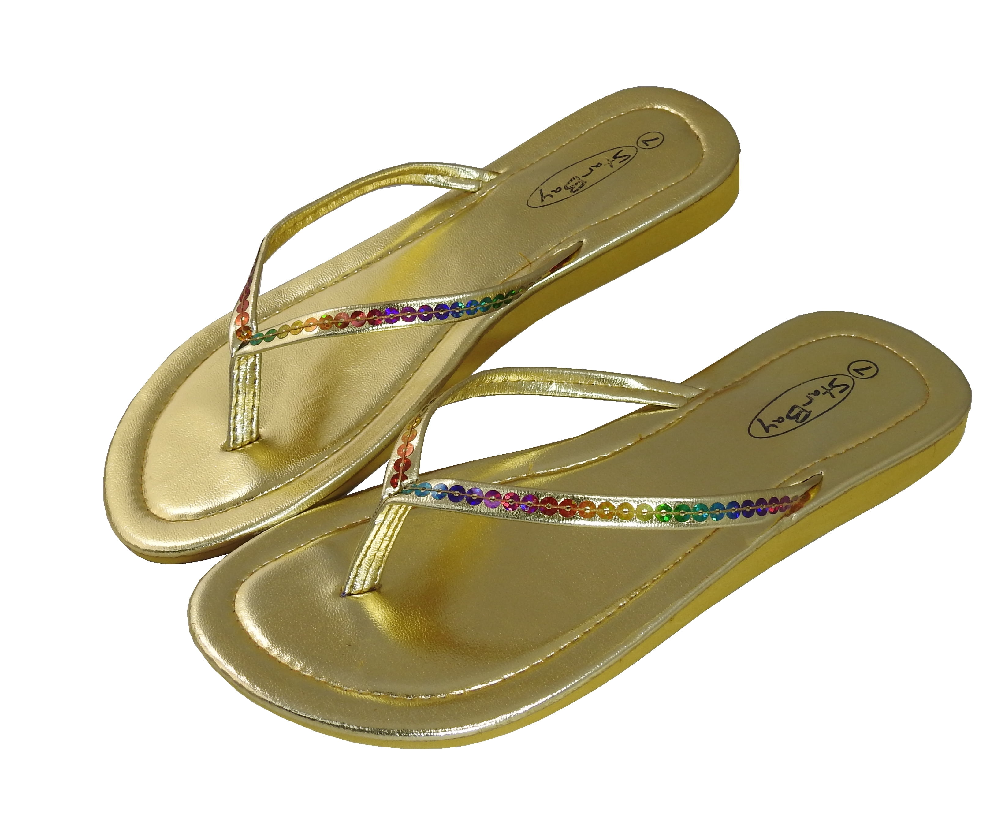 StarBay Women's Metallic Rainbow Sequin Strap Flat Thong Sandal Flip ...