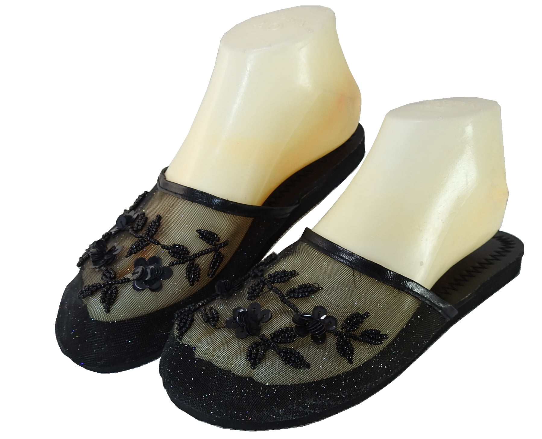 StarBay Women's Black Sequin Floral Beaded Chinese Slippers with Hard ...