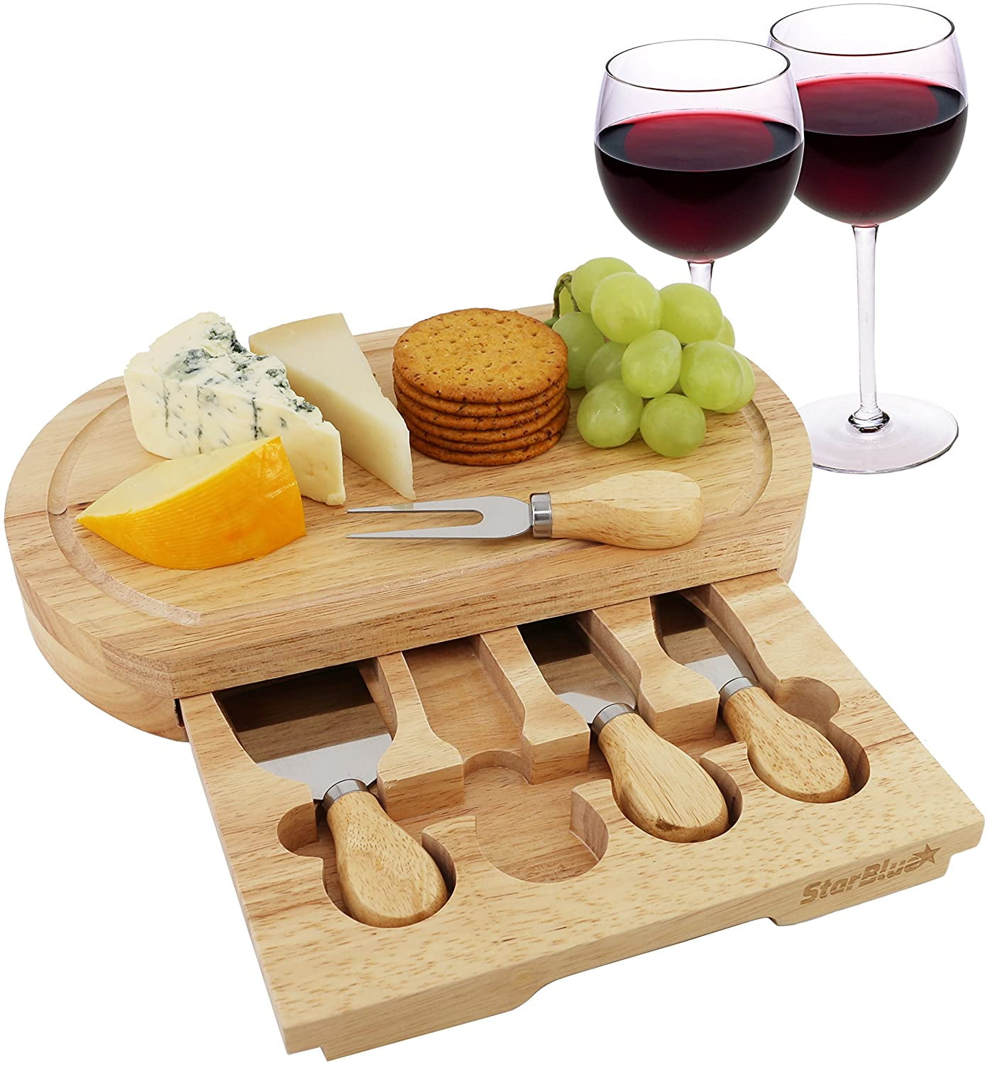 StarBlue Cheese Board Set with 4 Knives and Slide Out Drawer, Large Oak ...
