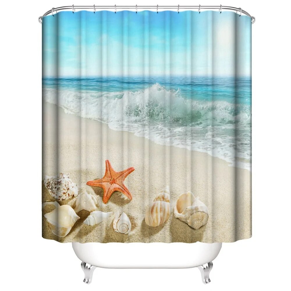 StarShower Curtain Set Beach Seashell Coastal Conch Sea Wave Rock Ocean ...