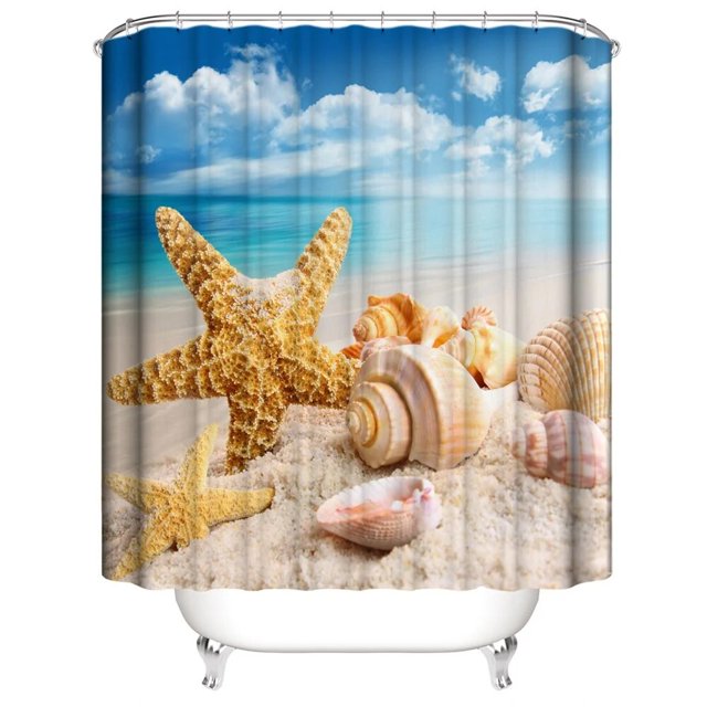 Starshower Curtain Set Beach Seashell Coastal Conch Sea Wave Rock Ocean