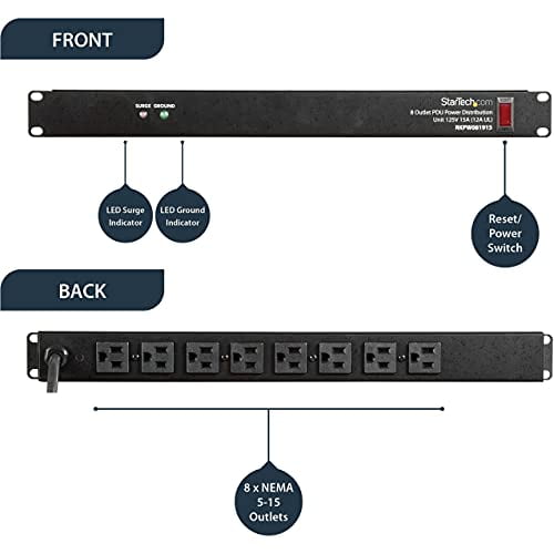 StarTech.com 8 Outlet Horizontal 1U Rack Mount PDU Power Strip for ...