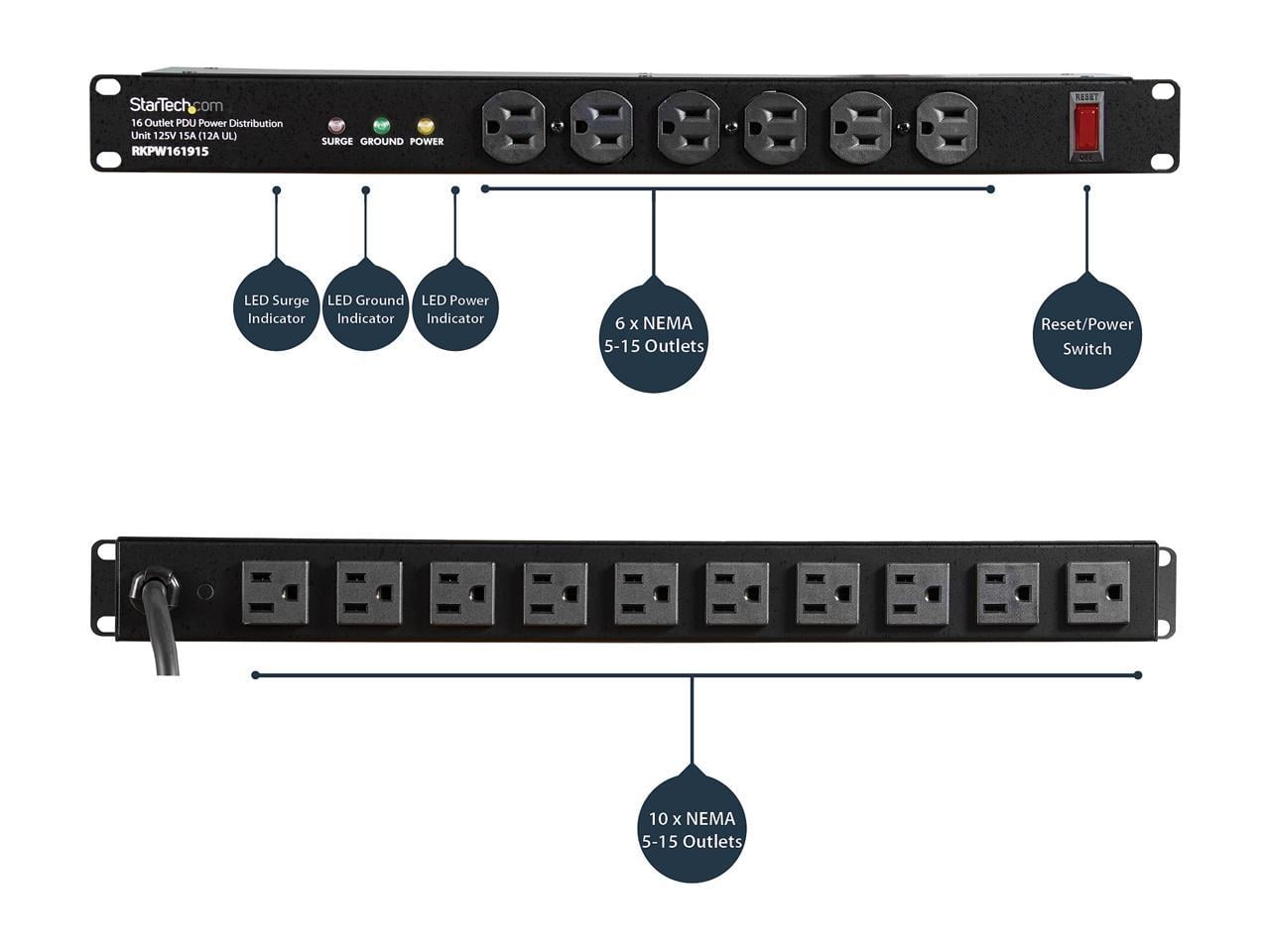 StarTech.com 19in Rackmount PDU Strip Protector with 16 Outlets, Surge ...