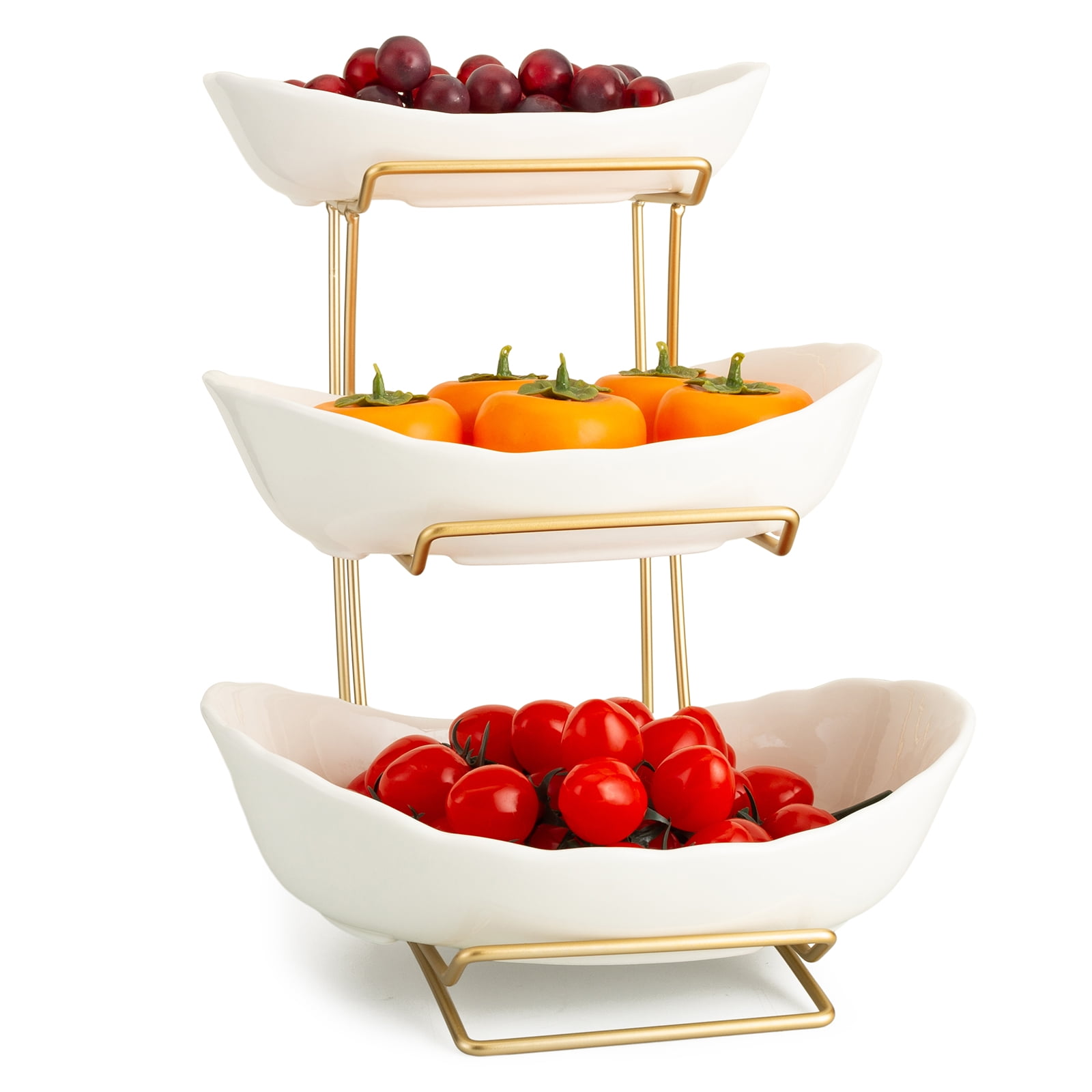 StarZe 3 Tier Fruit Tray with Metal Stand,Ceramic Bowls for Food ...